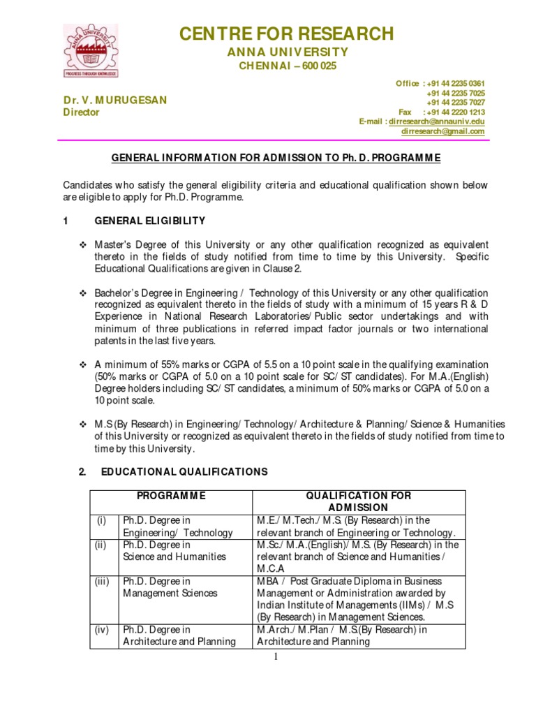 Anna University PhD Admission Details | PDF | Doctor Of Philosophy ...
