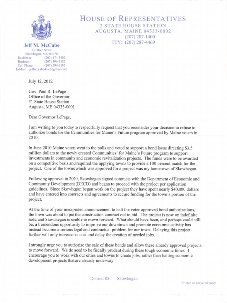 McCabe Bond Letter To LePage | PDF