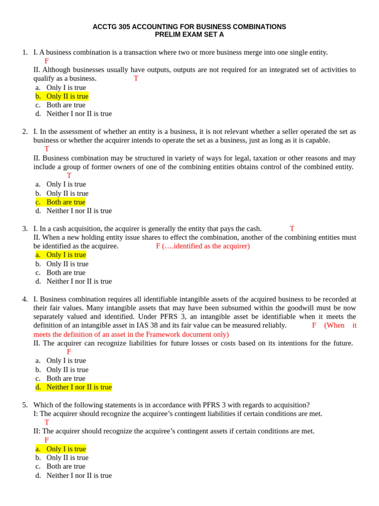 Acctg 305 With Solutions Prelim Exam Set A 2026 | PDF | Goodwill ...
