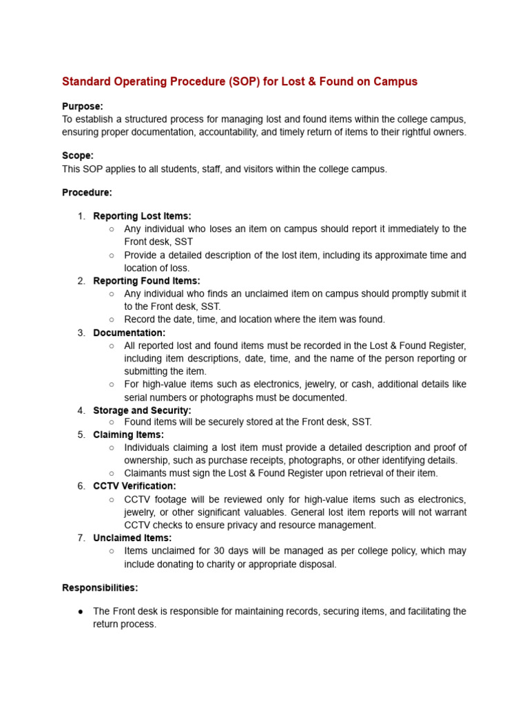Standard Operating Procedure (SOP) For Lost & Found On Campus | PDF
