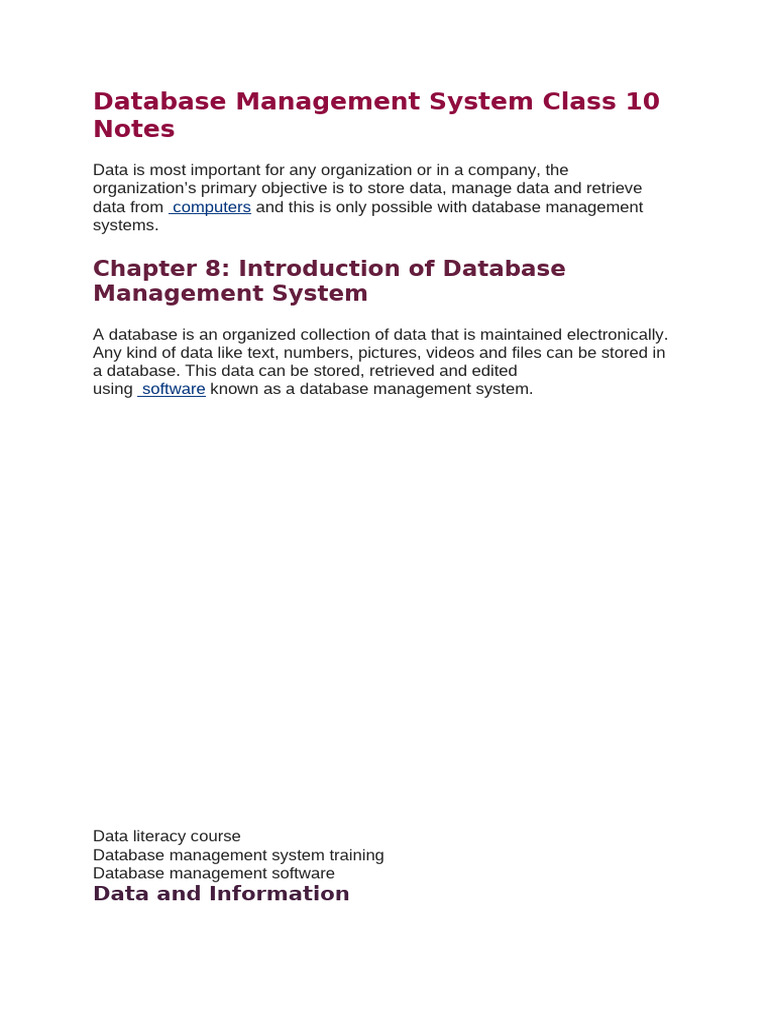 Database Management System Class 10 Notes | PDF | Relational Database ...