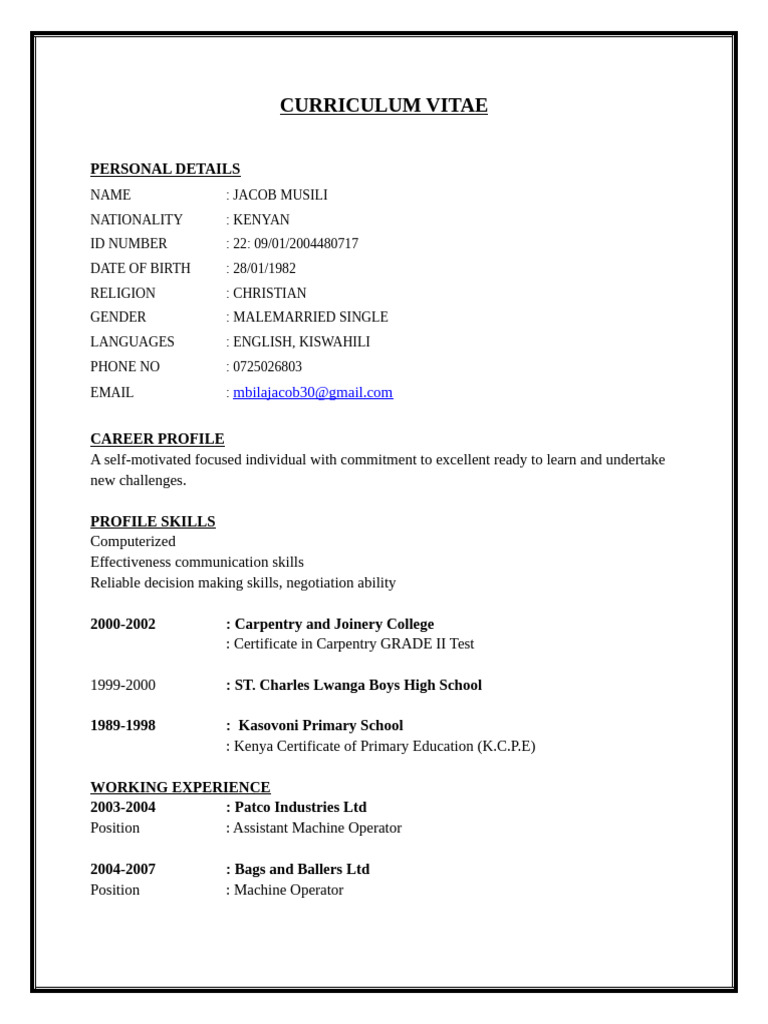 Curriculum Vitae Jacob Musili | PDF