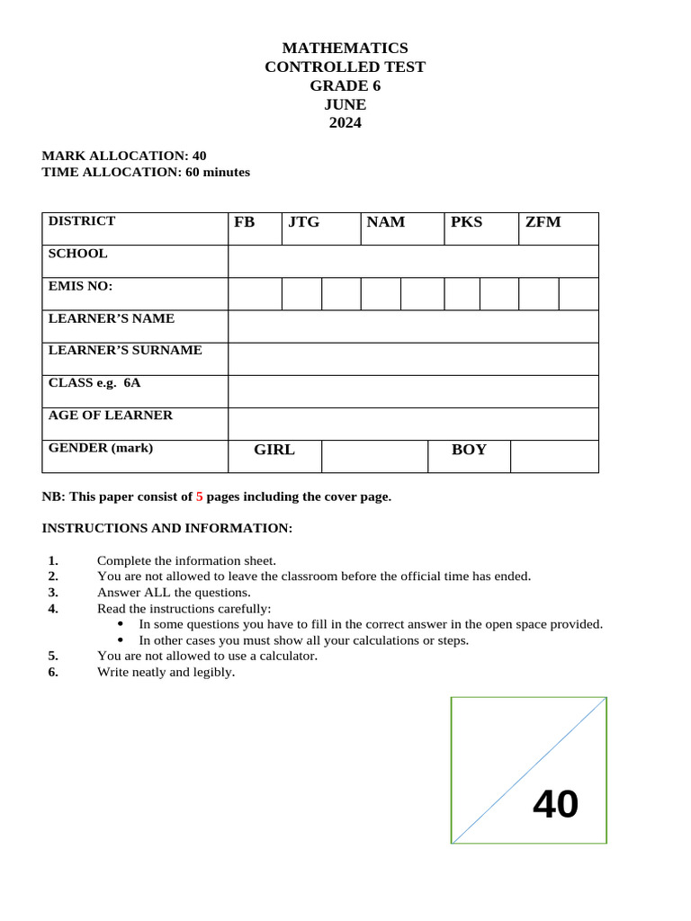 Grade 6 Mid Year Controlled Test Term 2 2024 | PDF | Arithmetic ...