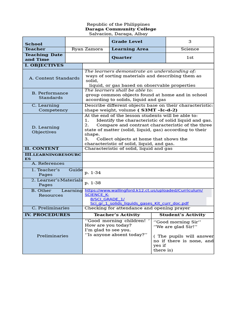 Lesson Plan Matter | PDF | Shape | Gases