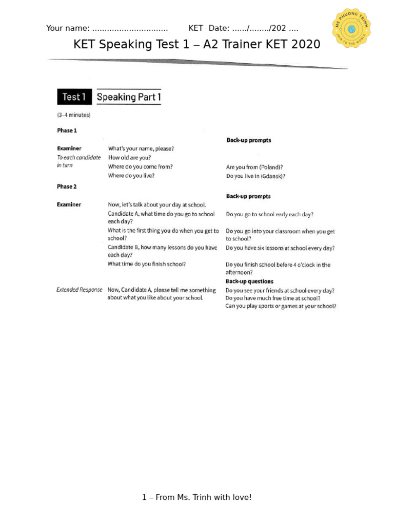 Luyện Tập KET Speaking Test | PDF