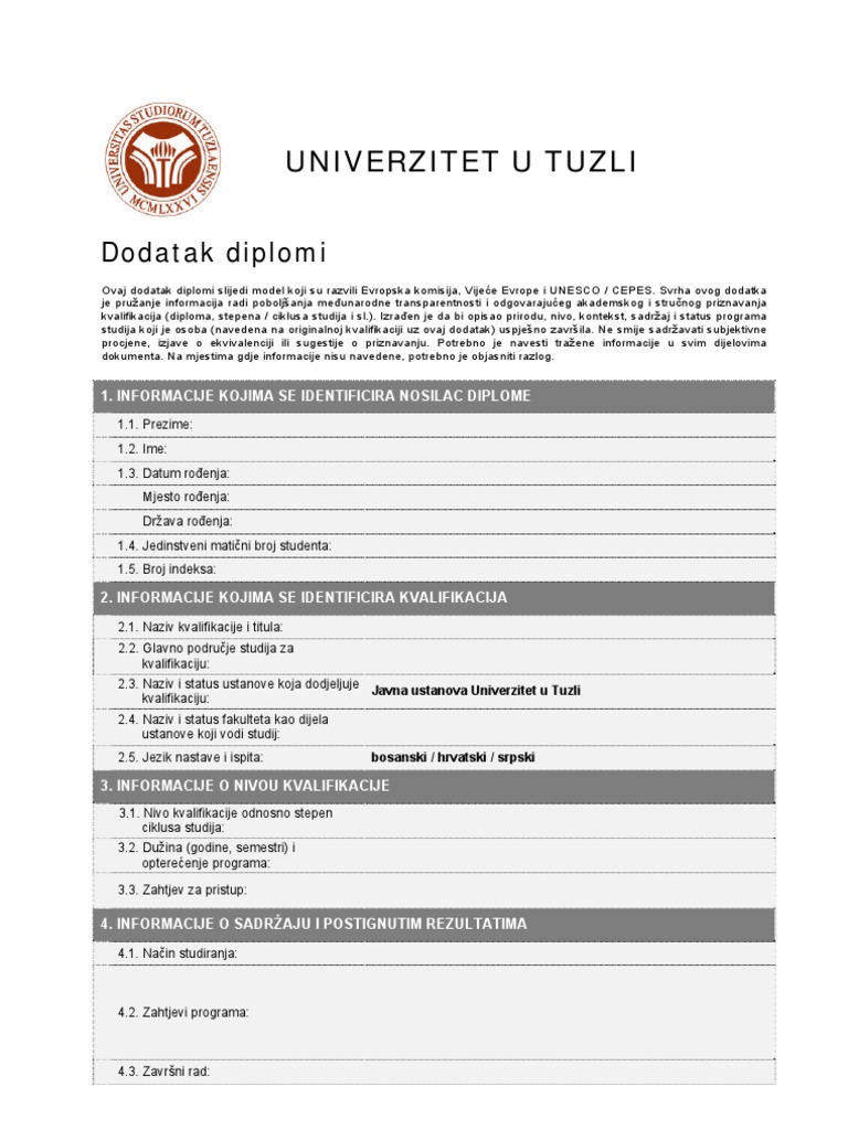 Obrazac - Dodatak Diplomi | PDF