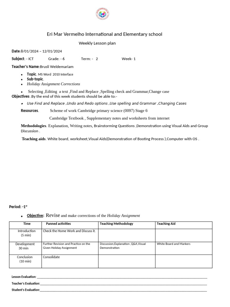 Grade6 ICT Weekly Plan 14 | PDF | Microsoft Word | Human Communication