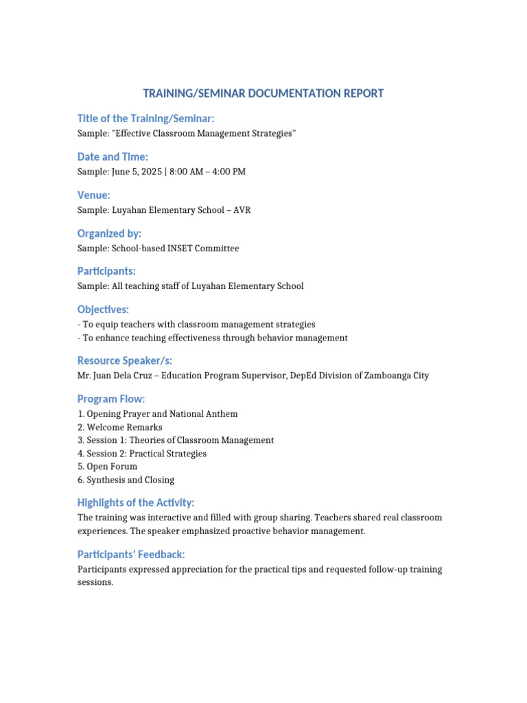 Training Documentation Report Template | PDF