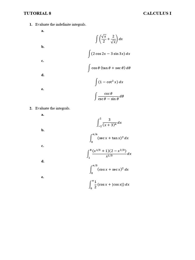 Tutorial 8 Indefinite Integrals, Substitution Rule, Areas Between ...