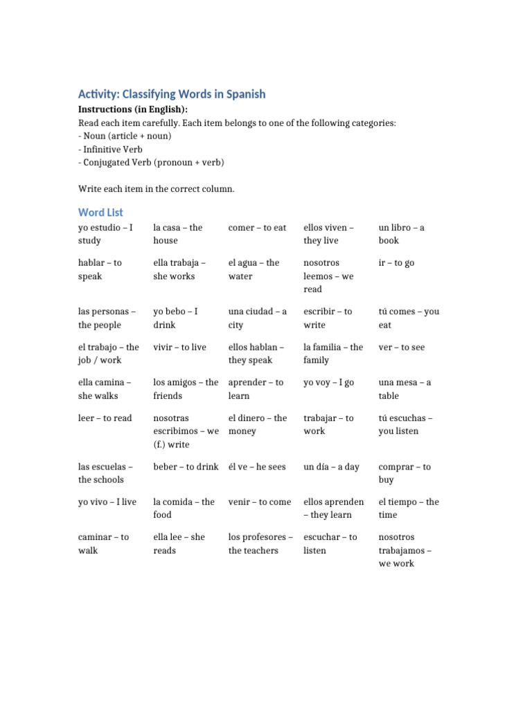 Spanish Classification Activity | PDF