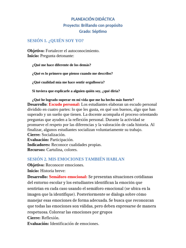 Planeacion Brillando Con Proposito | PDF | Las emociones | Autoestima