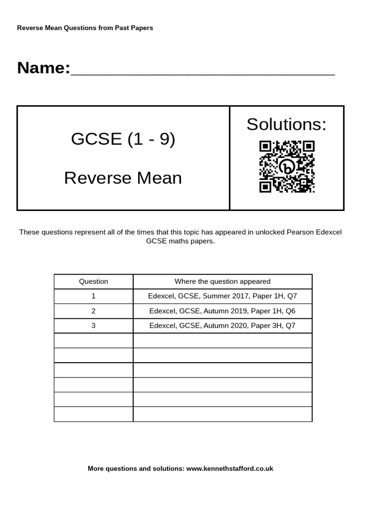 Reverse Mean Past Paper Questions | PDF
