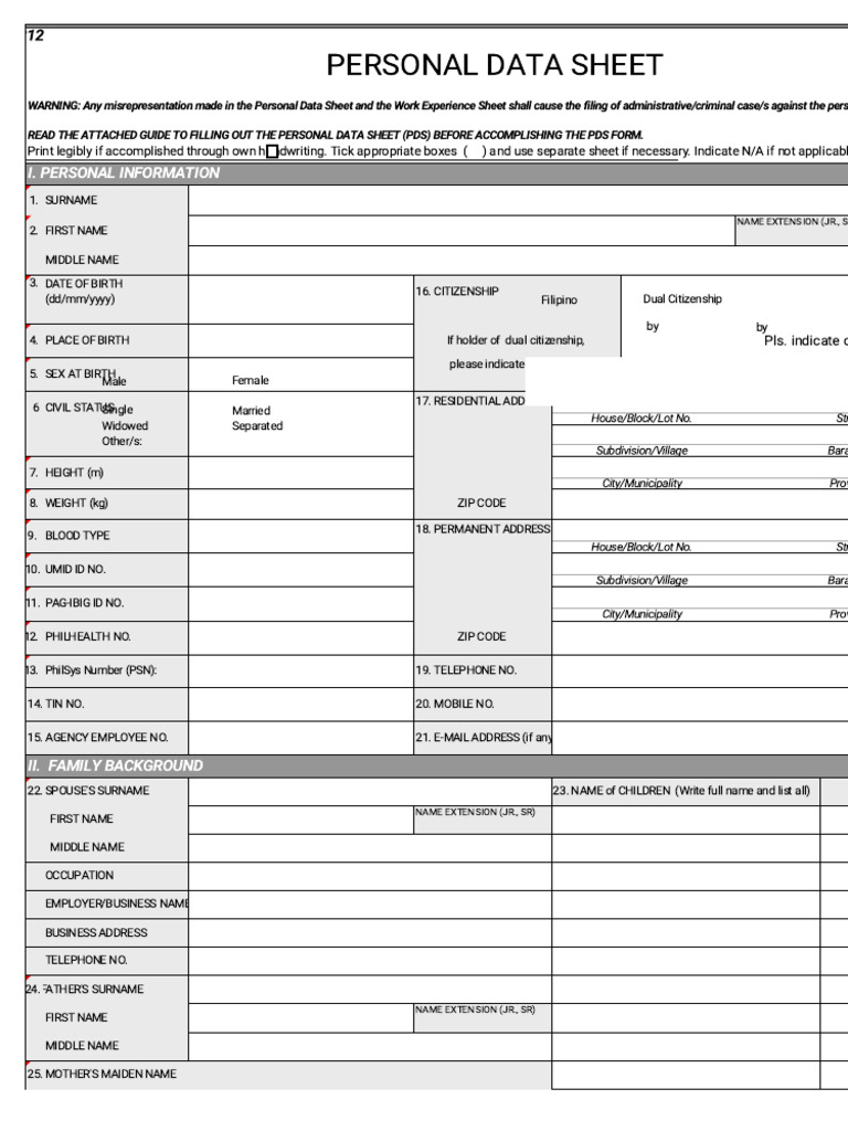 ANNEX H-1 - CS Form No. 212 Revised 2025 - Personal Data Sheet | PDF ...