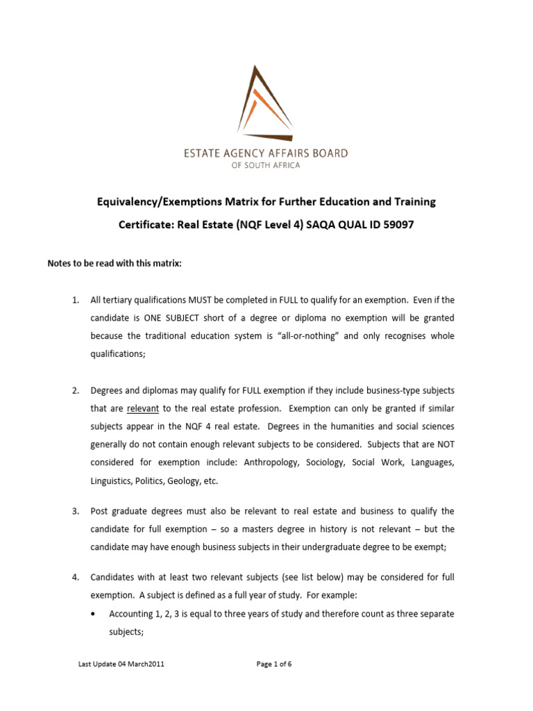Equivalency Matrix NQF Level 4 | PDF | Academic Degree | Diploma
