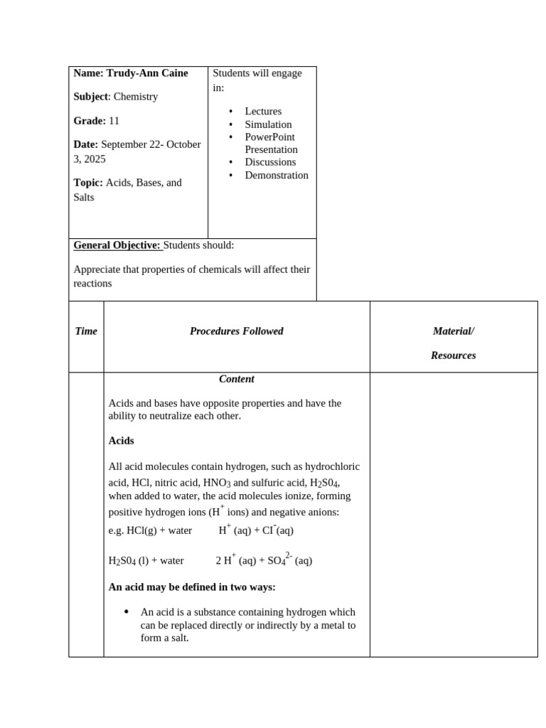 Grade 11 Chemistry Acids, Bases and Salts - Lesson 1 - 2025 | PDF ...