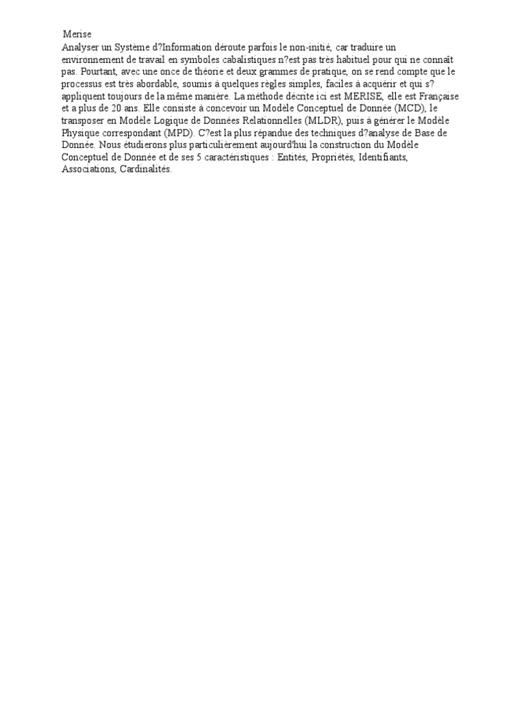 Cours de Merise | PDF | Base de données relationnelle | SQL Cours de Merise | PDF | Base de données relationnelle | SQL