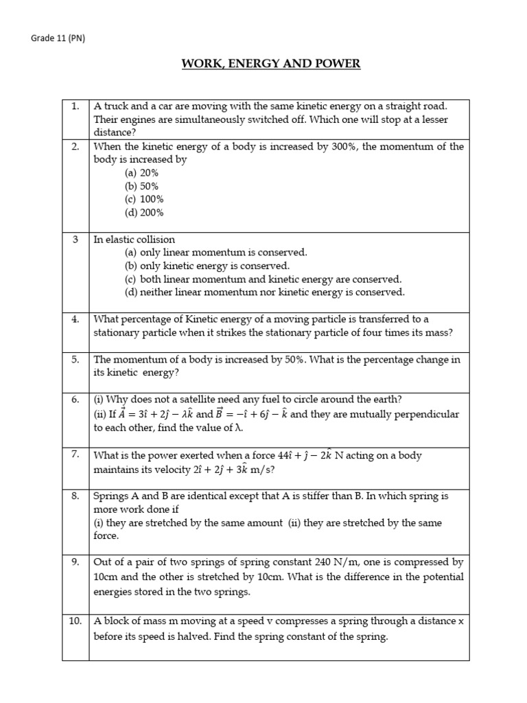 Work Energy and Power Revision Worksheet | PDF | Momentum | Kinetic Energy