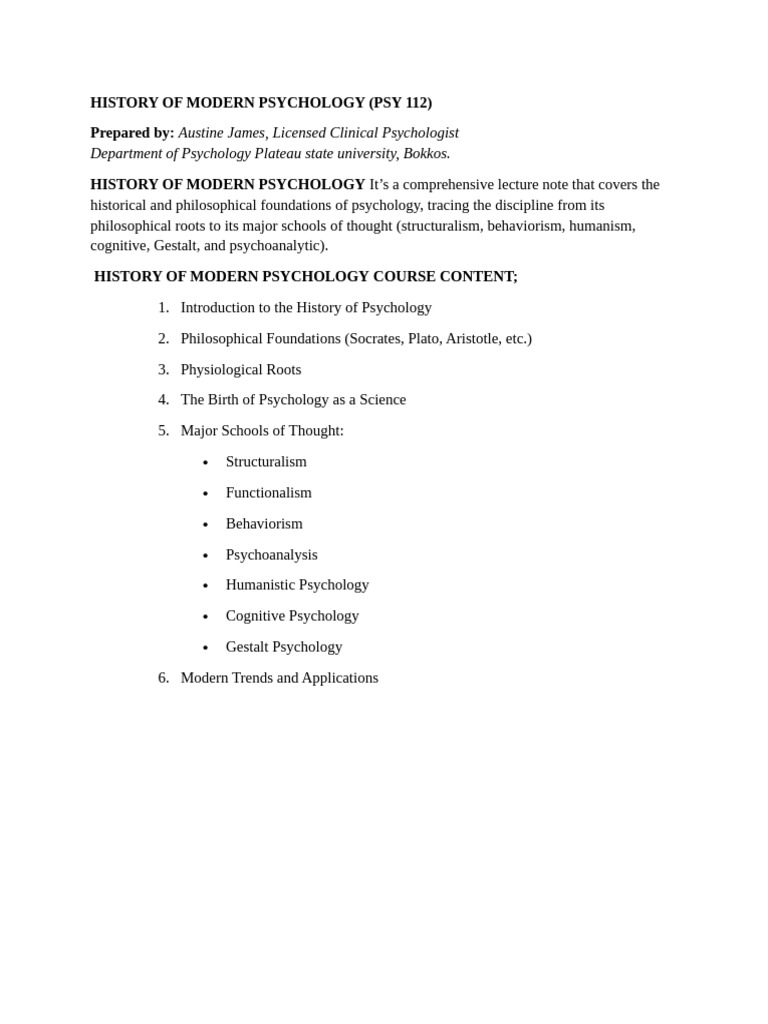 History of Modern Psychology Updated Lecture Note | PDF | Psychology ...
