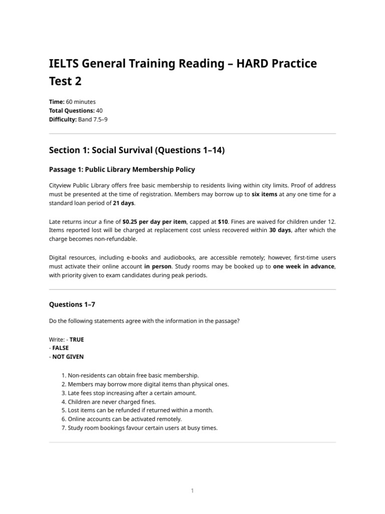 Ielts General Reading - Hard Practice Test 2 | PDF | International ...