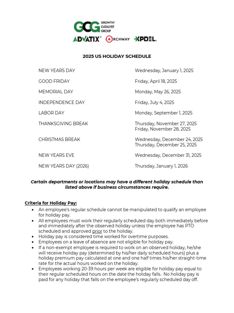 2025 US Holiday Schedule | PDF