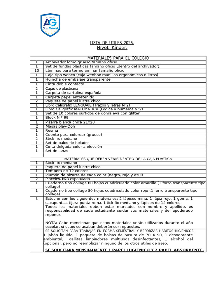 Lista de Utiles 2025 Kínder | PDF