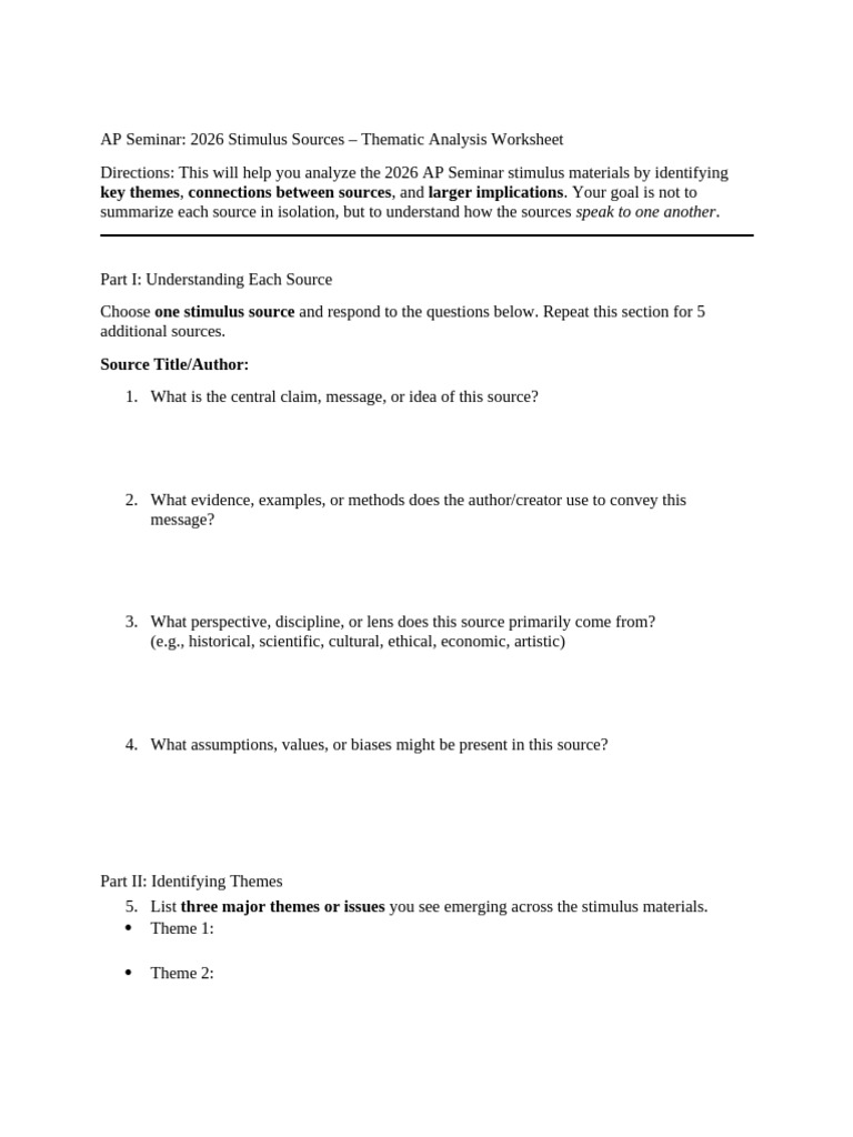 AP Sem 2026 Stimulus Sources - Thematic Analysis Worksheet | PDF