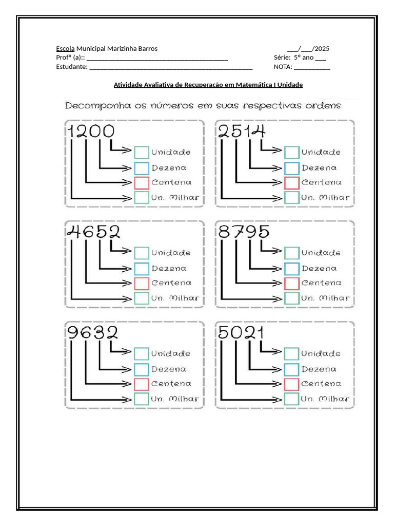 Prova Recuperacao em Matemática 2025 I Unidade | PDF