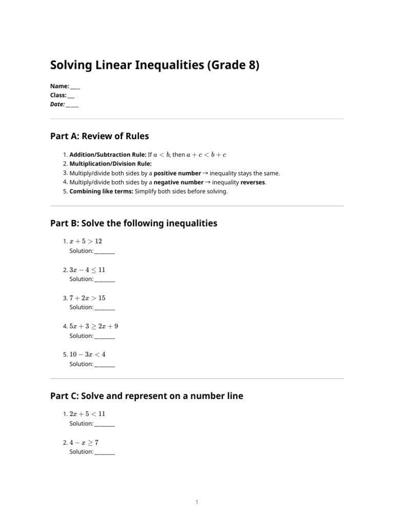 Grade 8 Solving Linear Inequalities Worksheet | PDF