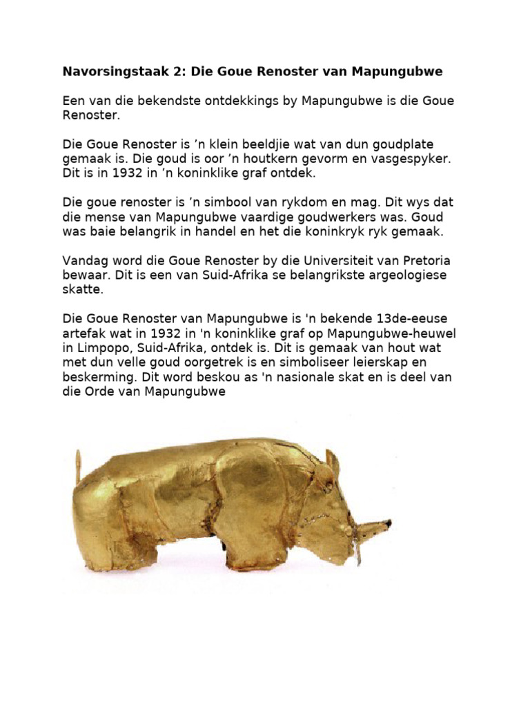 Navorsingstaak 2 - Die Goue Renoster Van Mapungubwe | PDF