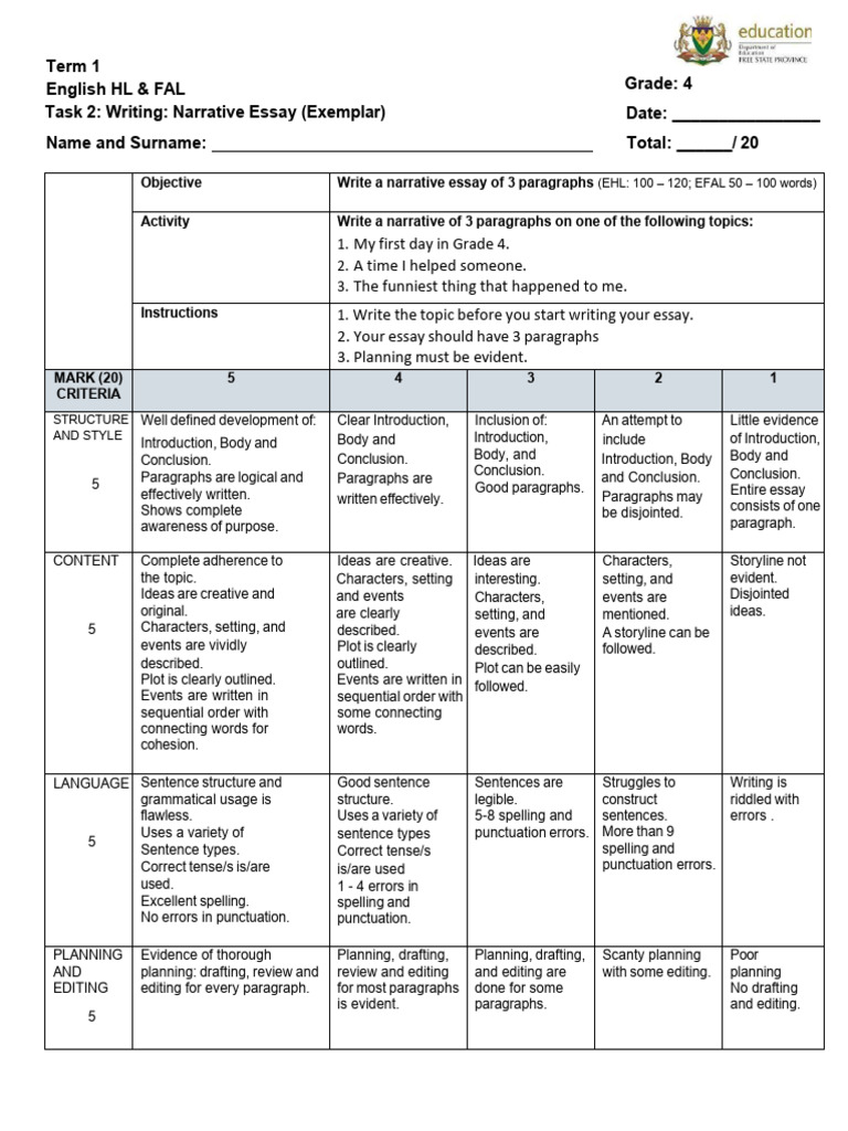 Exemplar Task 2 Writing Grades 4-7 2026 | PDF | Essays | Word