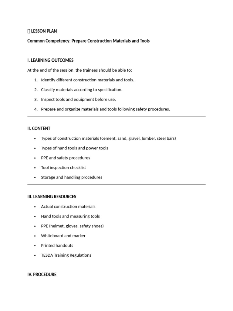 ? LESSON PLAN - Prepare Construction Materials and Tools | PDF