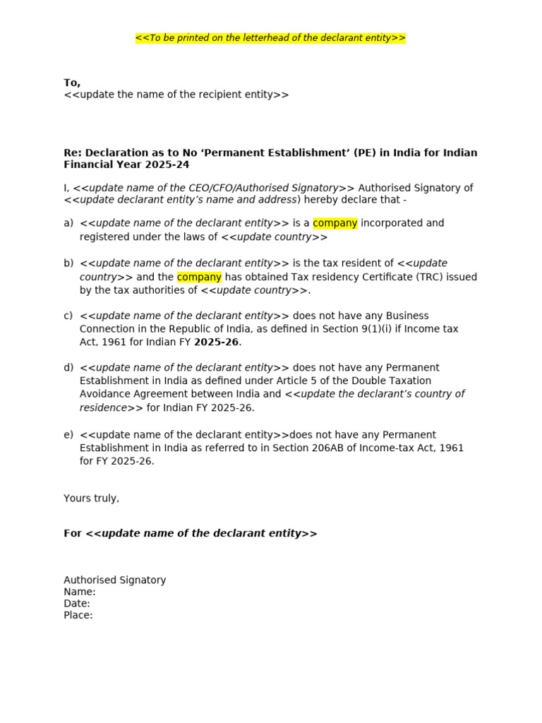No 'PE' Declaration - Template. | PDF