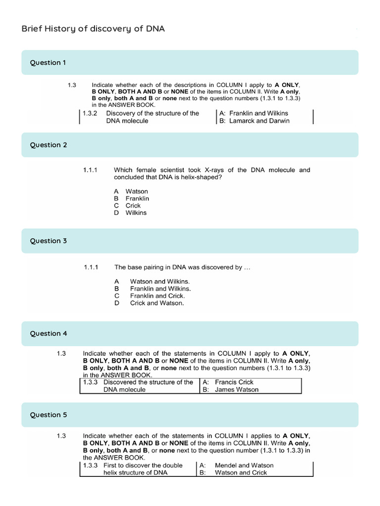 Brief History of Discovery of DNA Questions 2 | PDF