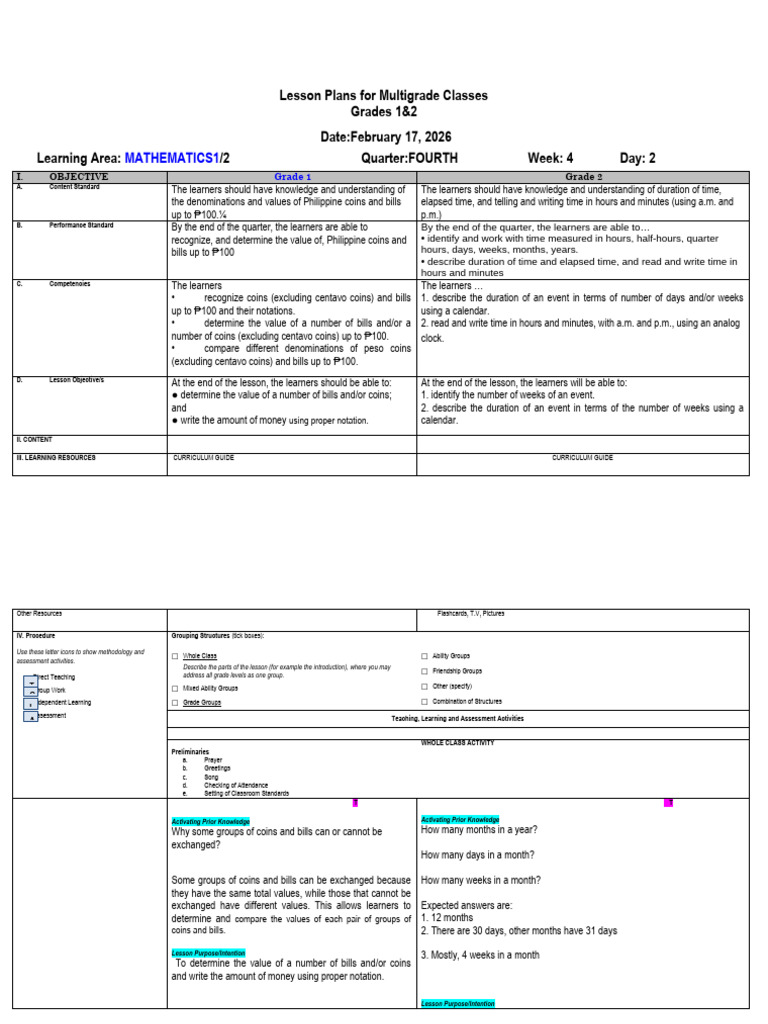 Day 2mg Lesson Plan g1&g2 - Mathematics | PDF | Curriculum | Money