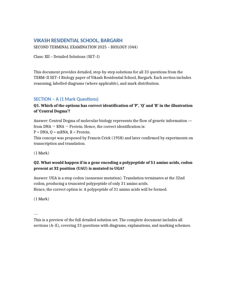 Vikash Residential School Biology SetI Detailed Solutions | PDF