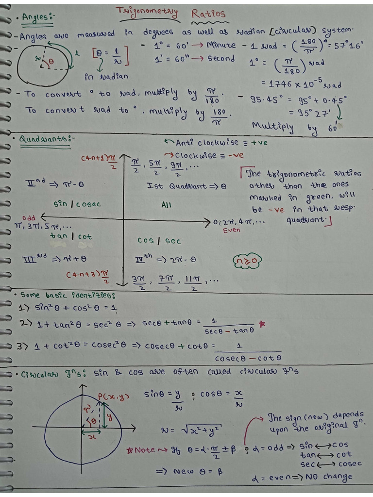 Trigonometric Ratios Short Notes | PDF