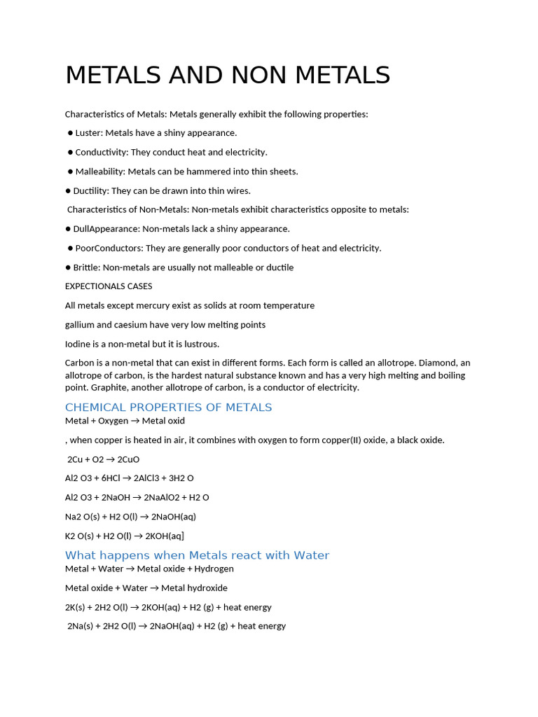 Metals and Non Metals Notes | PDF
