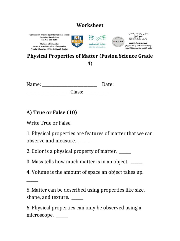 Physical Properties of Matter Worksheet Grade4 | PDF | Density | Volume