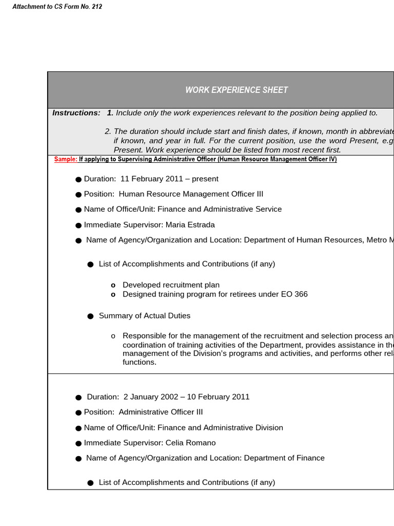 ANNEX H 2 CS Form No. 212 Attachment Work Experience Sheet 20260119 ...