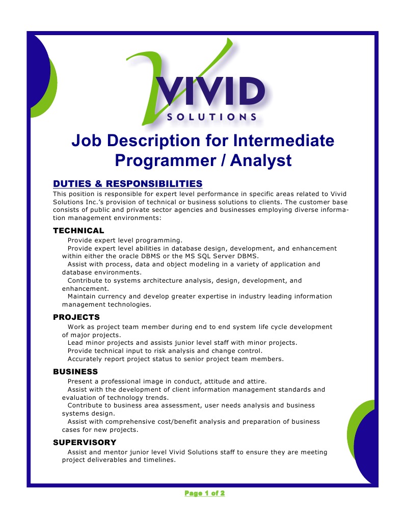 Expert Level Programmer/Analyst to Lead Technical Projects and Mentor ...