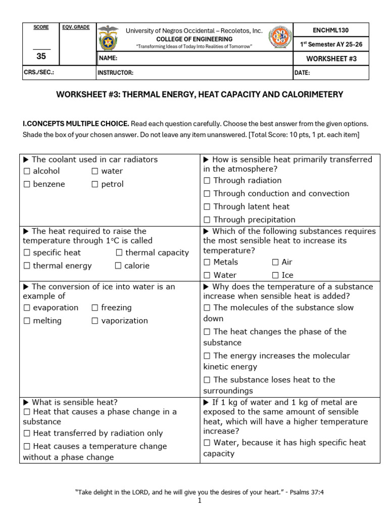 Enchml130 Worksheet 3 Thermal Energy Heat | PDF | Heat | Heat Capacity