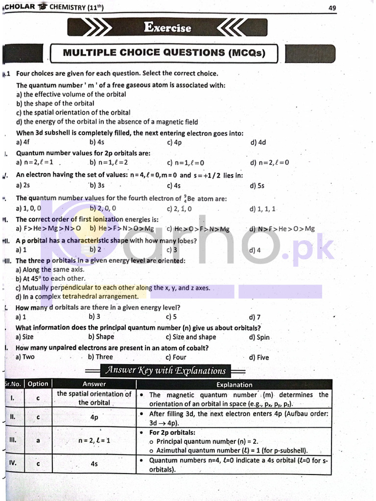 11th Class Chemistry Chapter 2 Exercises SQ | PDF