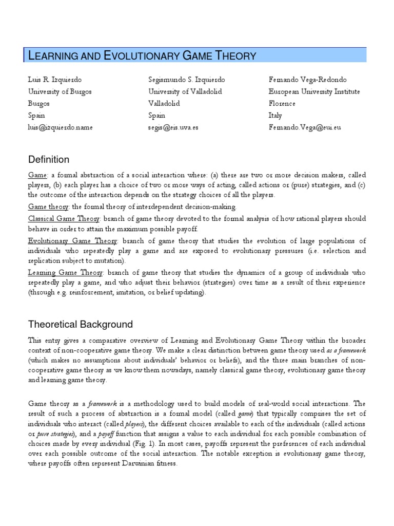 Learning and Evolutionary Game Theory | PDF | Game Theory | Evolution