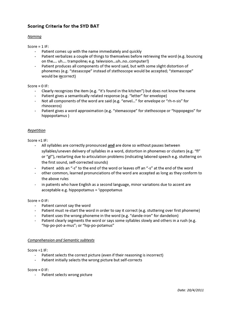 Scoring Criteria For The Sydney Language Battery | PDF