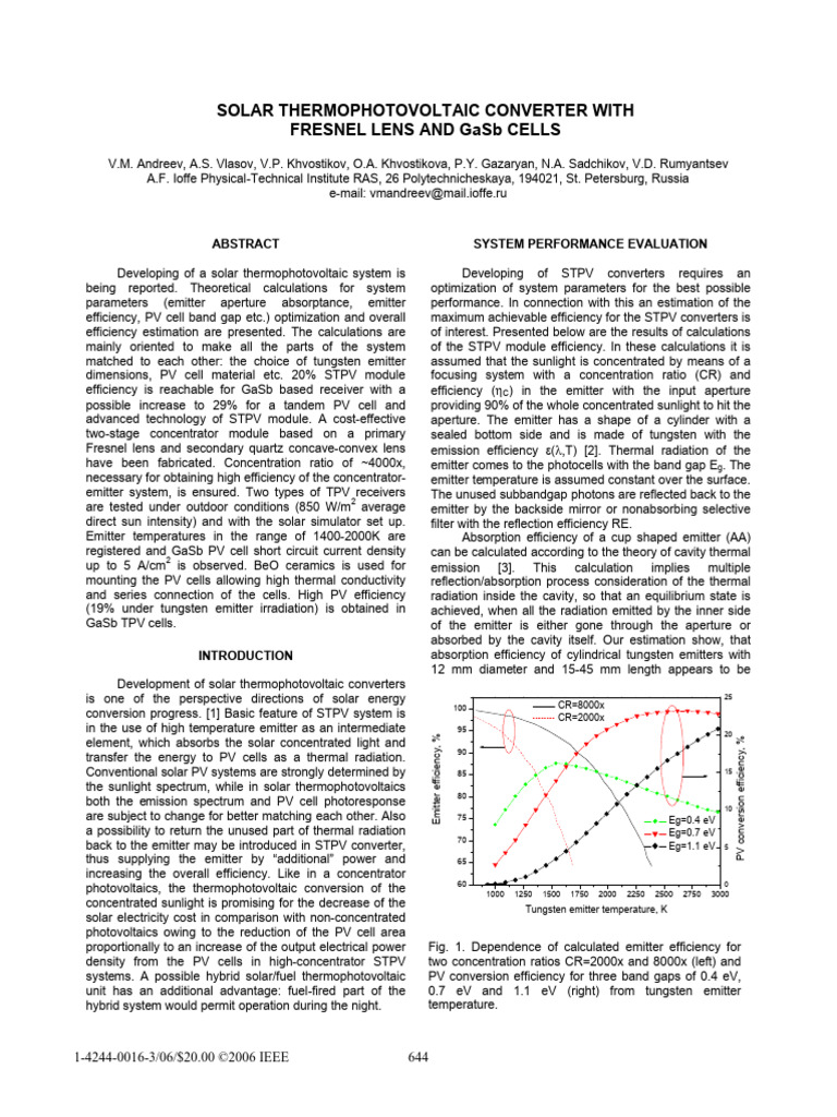 Solar Thermophotovoltaic Converter With Fresnel Lens and GaSb Cells ...