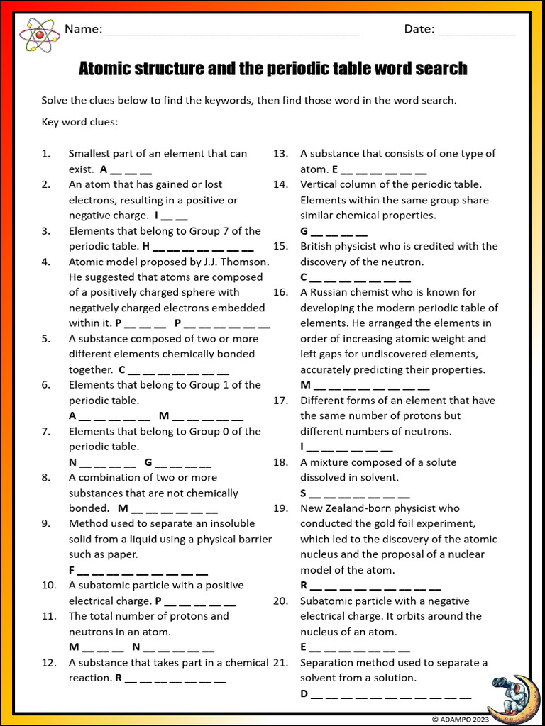 Atomic Structure and The Periodic Table Word Search | PDF | Atoms ...