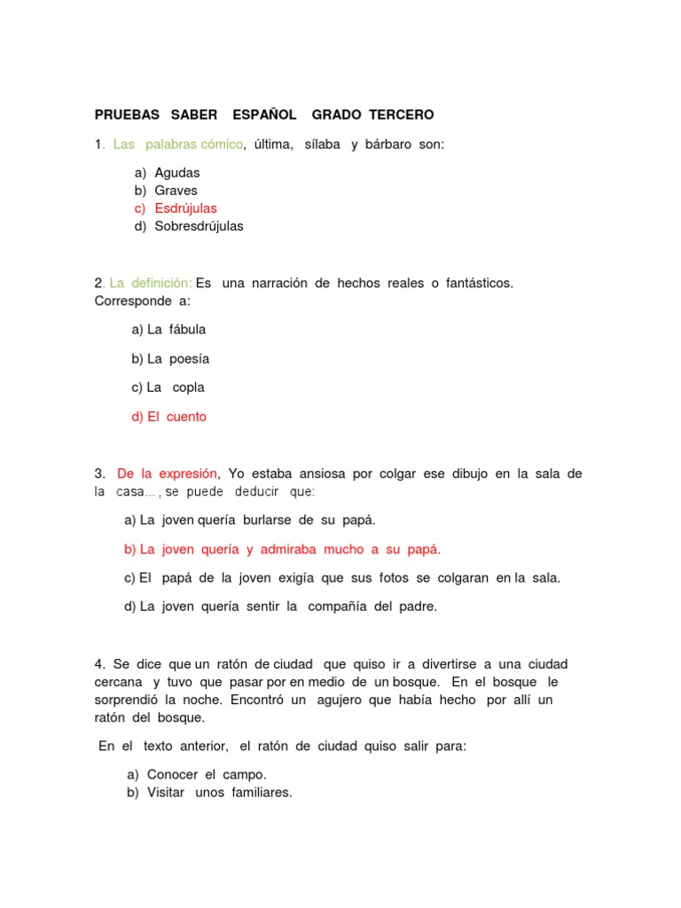 Pruebas Saber Español 3° Grado | PDF | Palabra | Oración (Lingüística)