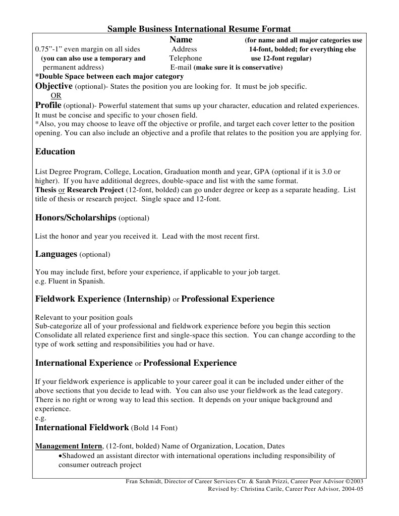 Sample Business International Resume Format Name: Double Space Between ...