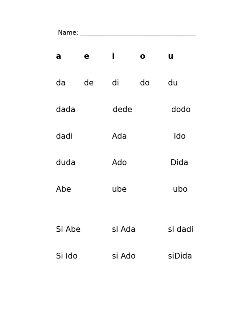 Reading Syllables Da, De, Di, Do, Du | PDF