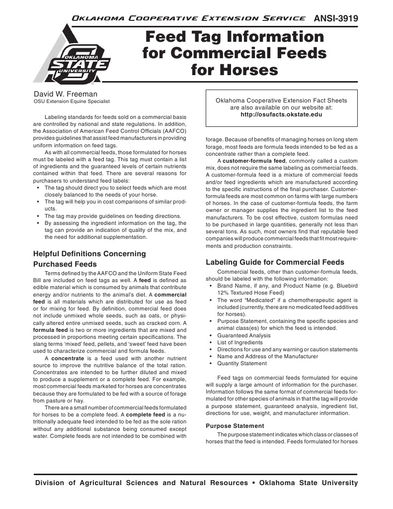 Feed Tag Information For Commercial Feeds For Horses | PDF | Animal Feed | Dietary Fiber
